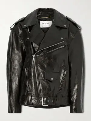 Saint Laurent Glossed Textured-leather Biker Jacket - Black