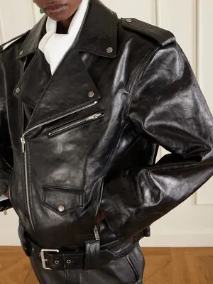 Saint Laurent Glossed Textured-leather Biker Jacket - Black