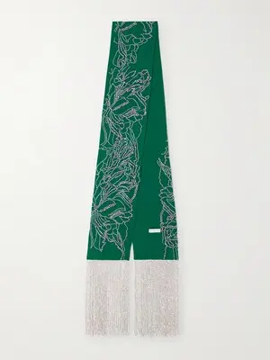 Dries Van Noten Fringed Crystal-embellished Silk Scarf - Green