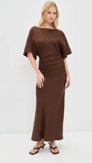 Staud Amelie Linen Midi Dress - Dark Oak