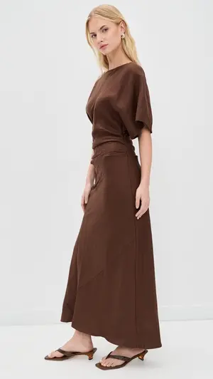 Staud Amelie Linen Midi Dress - Dark Oak