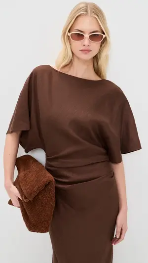 Staud Amelie Linen Midi Dress - Dark Oak