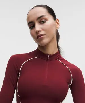 Lululemon Wunder Train Cropped Long-sleeve Half Zip - Burgundy Bay/light Ivory