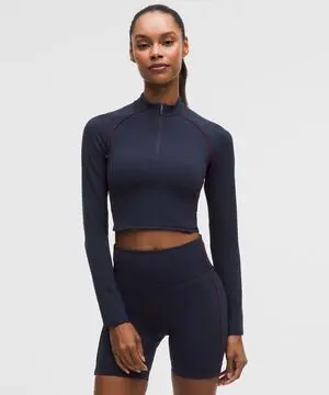 Lululemon Wunder Train Cropped Long-sleeve Half Zip - True Navy/burgundy Bay