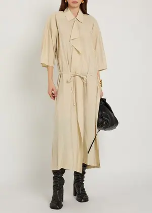 LEMAIRE Belted Brushed Silk-blend Midi Shirt Dress - Beige