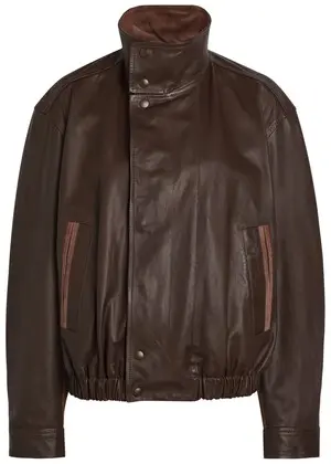 LEMAIRE High-neck Leather Jacket - Chocolate