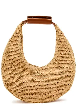Staud Leather-trimmed Raffia Shoulder Bag
