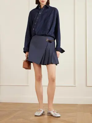 Loewe Pleated Leather-trimmed Cotton-blend Mini Skirt - Blue