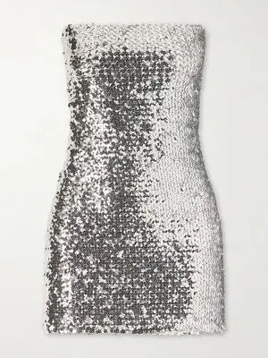 Gucci Strapless Sequined Mesh Mini Dress - Silver