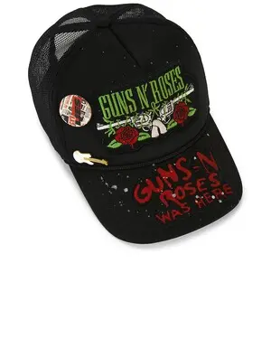 MadeWorn Guns N' Roses Hand Painted Patched &amp; Pinned Trucker Hat - Black