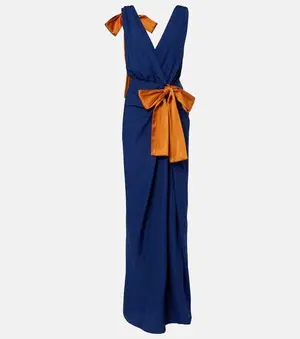 Saint Laurent Bow-detail Draped Silk Satin Gown - Blue