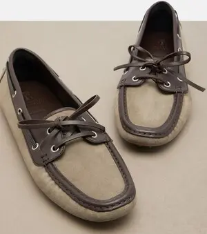 Brunello Cucinelli Monili Leather-trimmed Suede Boat Shoes