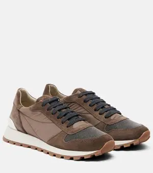 Brunello Cucinelli Monili Suede And Fabric Sneakers - Brown
