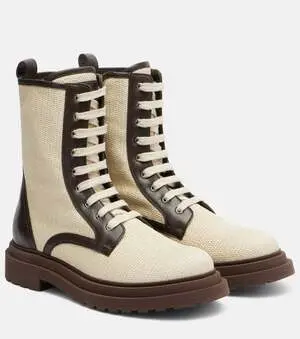 Brunello Cucinelli Leather-trimmed Lace-up Boots - Beige