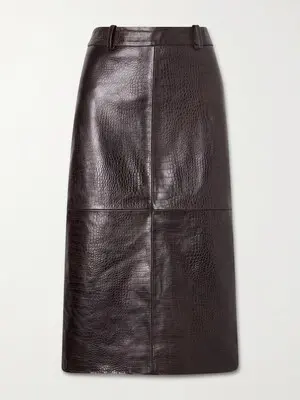 THE FRANKIE SHOP Taney Paneled Croc-effect Leather Midi Skirt - Brown