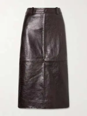 THE FRANKIE SHOP Taney Paneled Croc-effect Leather Midi Skirt - Dark Brown