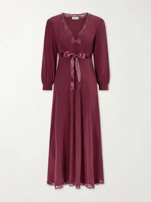 Rixo Adaline Bow-detailed Lace-trimmed Silk Maxi Dress - Burgundy
