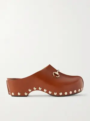 Gucci Embellished Studded Leather Clogs - Brown