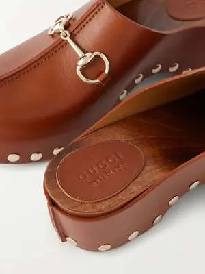 Gucci Embellished Studded Leather Clogs - Light Brown