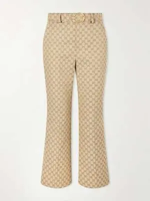 Gucci Belted Canvas-jacquard Bootcut Pants - Beige