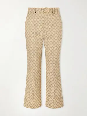 Gucci Belted Canvas-jacquard Bootcut Pants - Neutrals