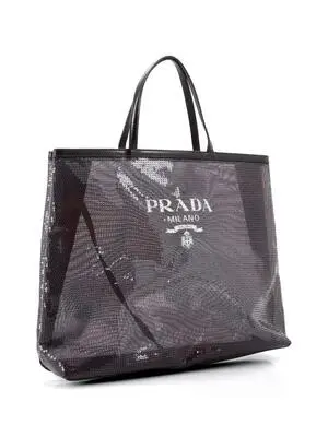 Prada Logo Open Sequined Mesh Large Tote Bag