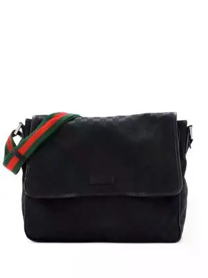 Gucci Web Strap Flap Messenger Gg Canvas Medium Crossbody Bag - Black