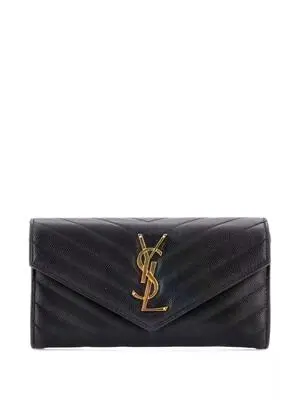 Saint Laurent Classic Monogram Flap Wallet Matelasse Chevron Leather Large Small Wallets - Black