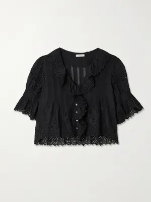 DÔEN Henri Cropped Ruffled Pintucked Broderie Anglaise Cotton Top - Black