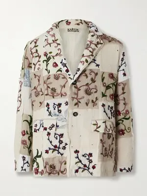 KARTIK RESEARCH Chintz Embroidered Bead-embellished Patchwork Frayed Cotton Blazer - Neutrals