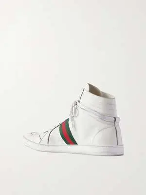 Gucci Distressed Webbing-trimmed Leather High-top Sneakers - White