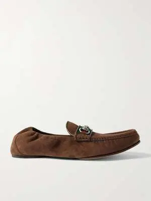 Gucci Horsebit-embellished Webbing-trimmed Suede Loafers - Brown