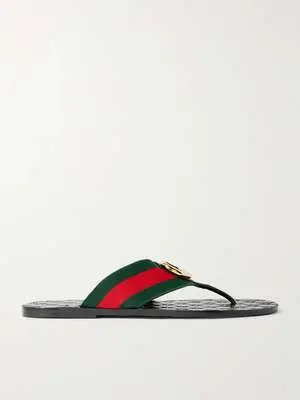 Gucci Riviera Logo-embellished Striped Webbing-trimmed Leather Sandals - Black
