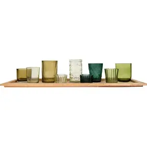 STORIED HOME Round Glass Votive Holders On Wood Tray - Green