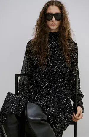Mango Polka Dot Long Sleeve Midi Dress