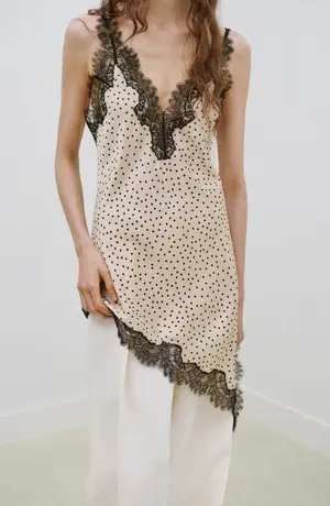 Mango Polka Dot Lace Trimmed Satin Top