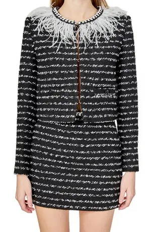 Endless Rose Feather Trim Tweed Jacket - Black