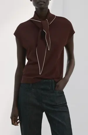 Mango Bert Tie Neck Top - Chocolate