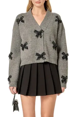 English Factory Beaded Bow Oversize Cardigan - Charcoal