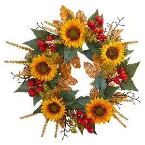 NEARLY NATURAL 27-in Sunflower Berry Artificial Wreath - Assorted