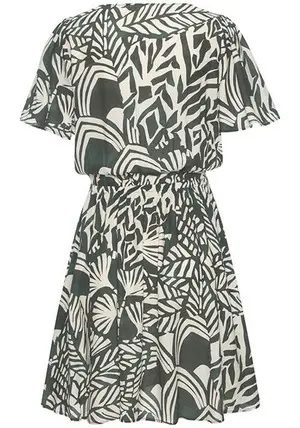 LASCANA Printed V-neck Fit And Flare Dress - Green Ivory