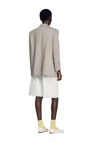 Sandro Checked Wool Jacket With Brooch - Greige