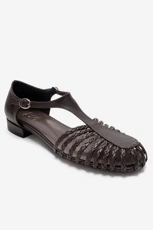 PROLOGUE SHOES Woven T-strap Sandal - Brown