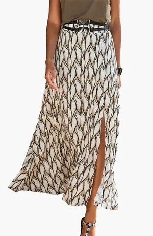 LASCANA Printed Side Slit Maxi Skirt - Ivory Khaki
