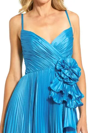 Mac Duggal Pleated Charmeuse Gown With Floral Detail