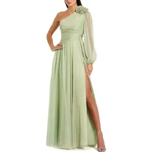 Mac Duggal One-shoulder Floral Gown With Slit - Sage