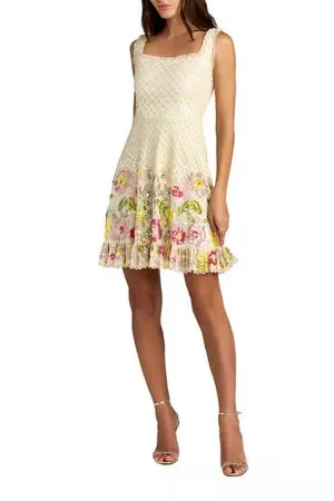 Mac Duggal Beaded Mesh Mini Dress - Nude Multi