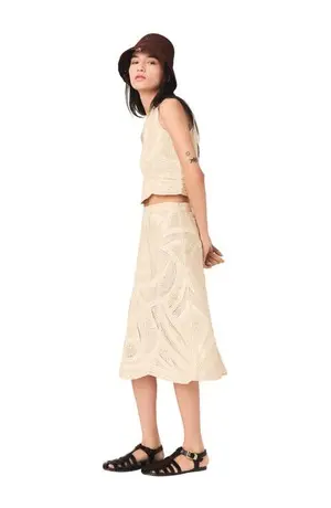 Maje Long Crochet Flared Skirt - Beige