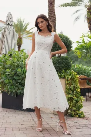 Mac Duggal Embroidered Floral A-line Midi Dress - White