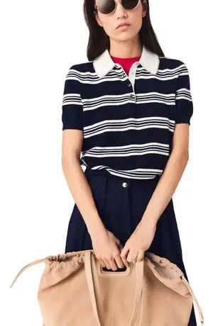 Maje Striped Polo With Rhinestone Collar - Ecru/navy Blue